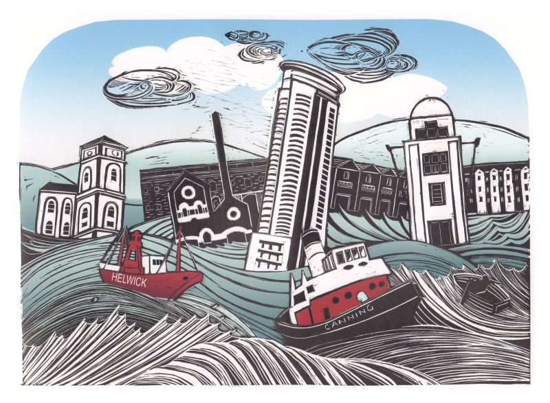 Judith Stroud ‘Swansea on Sea’ Linocut | Swansea Print Workshop